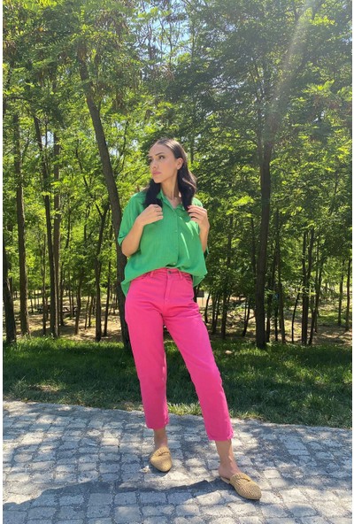 Lime Moda Boyfriend Jean Pantolon-Fuşya