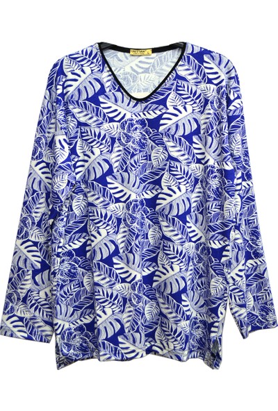 Fettah Kadın Bluz Mavi Beyaz Desenli Bluz Uzunkollu Emprime.kumaş 5655