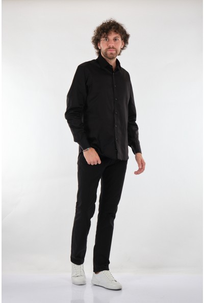 Gallini Worlld Düz Yaka Uzun Kollu Siyah Erkek Gömlek 1102624