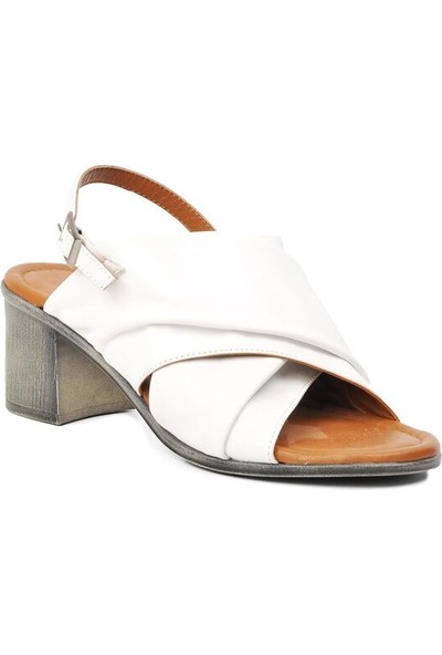 Pabucmarketi Beyaz Deri Kadın Topuklu Sandalet