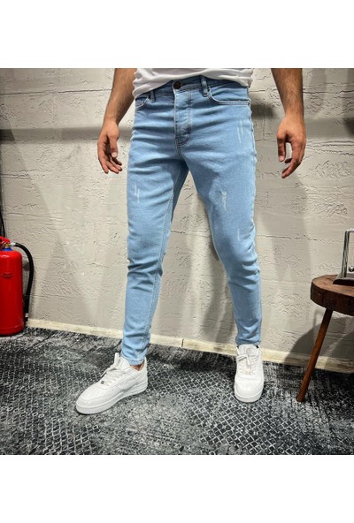 Locca Buz Mavisi Skinny Fit Bilek Boy Lazer Yırtıklı Jean