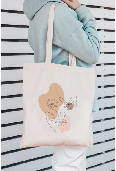 Soyut Yüz Tasarımlı Bez Çanta