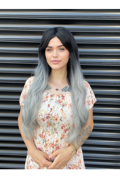 Luxury Özel Perçemli Siyah Gri Maşa Dalgalı Peruk