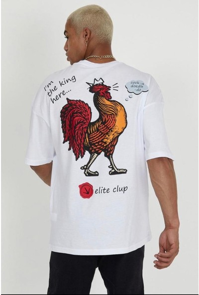 Breezy Horoz Baskılı Oversize Beyaz T-Shirt Breezy Horoz Baskılı Oversize Beyaz T-Shirt