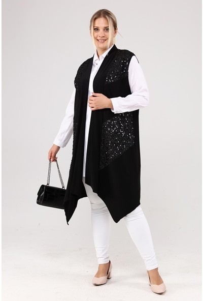 Nesafet Büyük Beden Siyah Pulpayet Işlemeli Uzun Yelek Nesafet Büyük Beden Siyah Pulpayet Işlemeli Uzun Yelek