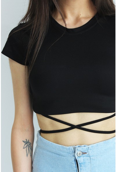 Novada Siyah Beli Bağcıklı Scuba Crop Bluz