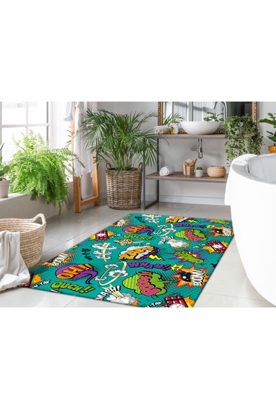 Jungle Pop Art Modern Desenli Renkli Yıkanılabilir Banyo Mutfak Halısı Paspası