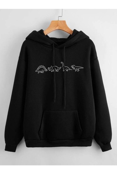 Laluvia Siyah Dinozor Baskılı Oversize Kapüşonlu Sweatshirt