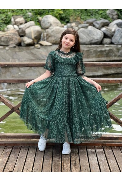 Yaren Kids Kız Çocuk Uzun Dantel Prenses Abiye Elbise