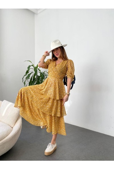 Parqur Çiçek Desenli Şifon Sarı Elbise