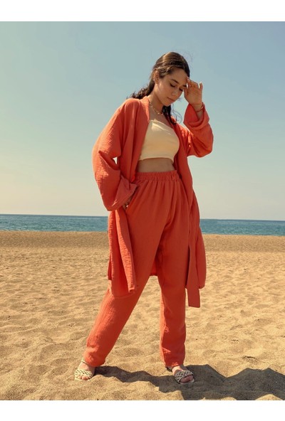 Sa Collection Müslin Kimono Pantolon Takım Pastel Turuncu Sa Collection Müslin Kimono Pantolon Takım Pastel Turuncu