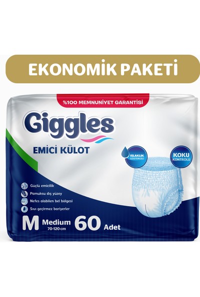Giggles Yetişkin Emici Külot Bez Orta Boy (Medium) 30'lu 2 Paket (60 Adet) Bel Boy 70-120 cm Giggles Yetişkin Emici Külot Bez Orta Boy (Medium) 30'lu 2 Paket (60 Adet) Bel Boy 70-120 cm