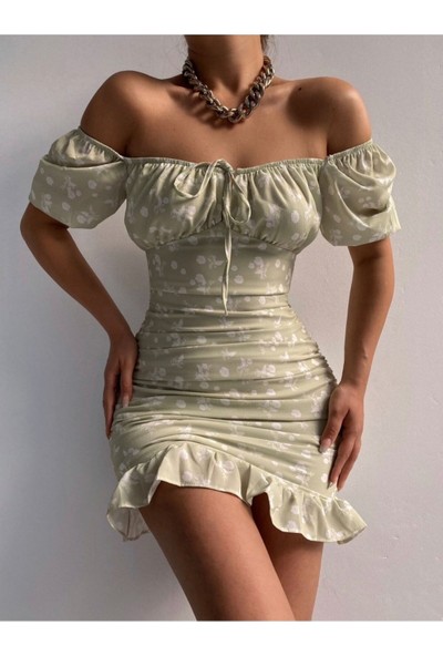 Ivy Clo Yeşil Çiçekli Karpuz Kol Fırfırlı Elbise