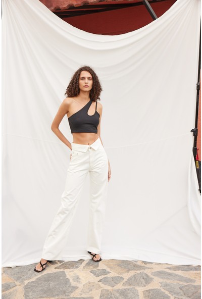 Fold Waist Jean Beyaz