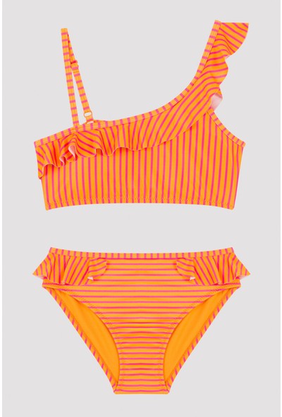 Penti Çok Renkli Kız Çocuk Stripe Frill One Shoulder Bikini Set Penti Çok Renkli Kız Çocuk Stripe Frill One Shoulder Bikini Set