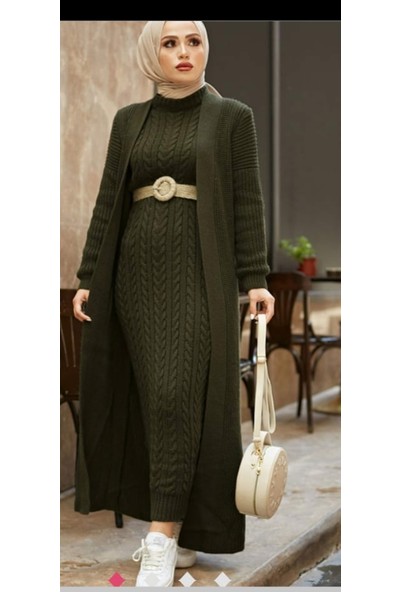 SFG Life Moda Kadın Saç Örgü Desen'li Triko Slim Elbise ve Hırka Takım SFG Life Moda Kadın Saç Örgü Desen'li Triko Slim Elbise ve Hırka Takım