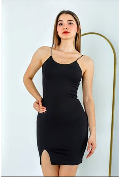 Dr Blue Lastik Askılı Yırtmaçlı Siyah Elbise