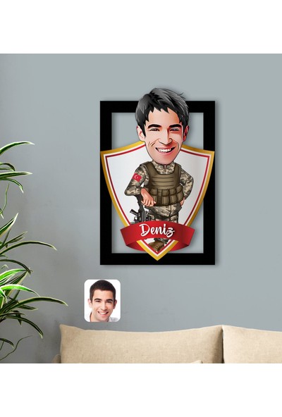 BK Kişiye Özel Isimli Asker Karikatürlü 3D Ahşap Tablo-2
