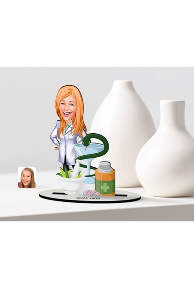 BK Kişiye Özel Kadın Eczacı Karikatürlü Ahşap Biblo Model-2