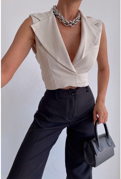 MyLove Kruvaze Kuşaklı Yelek Taş