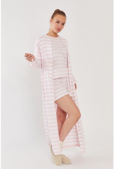 Nalu Pembe %100 Pamuk Kuşaklı Çizgili Kimono Sabahlık