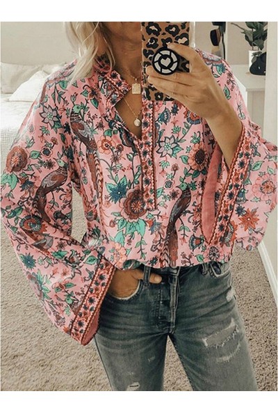 Nafen Desen Baskılı V Yaka Kadın Gömlek - Pembe (Yurt Dışından)