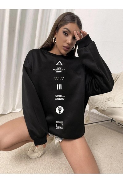 Laluvia Kadın Siyah New Normality Baskılı Oversize Sweatshirt
