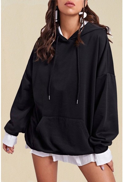 Laluvia Düz Siyah Kapüşonlu Oversize Sweatshirt