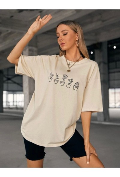 Laluvia Vizon Kaktüs Baskılı Oversize T-Shirt Laluvia Vizon Kaktüs Baskılı Oversize T-Shirt