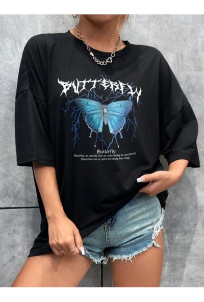 Laluvia Siyah Kelebek Baskılı Oversize T-Shirt Laluvia Siyah Kelebek Baskılı Oversize T-Shirt