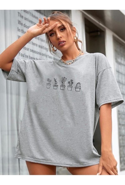 Laluvia Gri Kaktüs Baskılı Oversize T-Shirt
