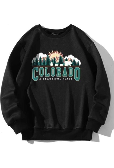 Laluvia Unisex Siyah Colorado Baskılı Sweatshirt Laluvia Unisex Siyah Colorado Baskılı Sweatshirt