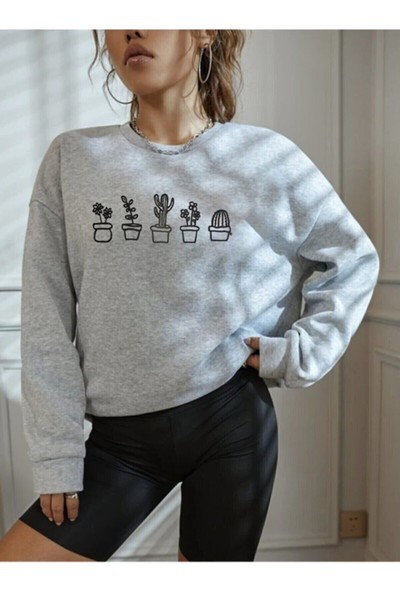 Laluvia Gri Kaktüs Baskılı Oversize Sweatshirt