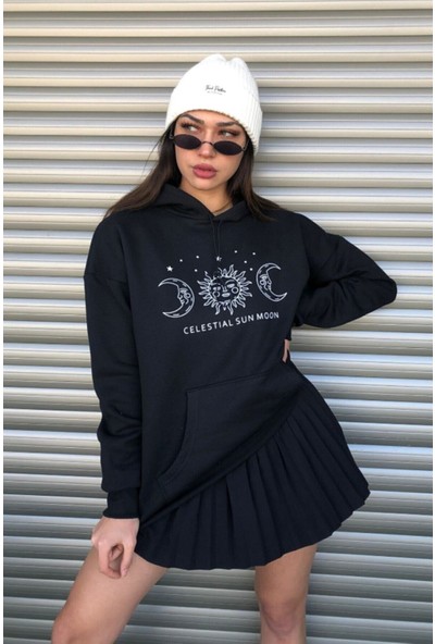 Laluvia Siyah Oversize Güneş ve Ay Baskılı Kapüşonlu Sweatshirt