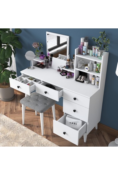 Rani BJ101 Makyaj Masası 5 Çekmeceli Raflı Aynalı Takı Düzenleyici Puf Takım Beyaz Rani BJ101 Makyaj Masası 5 Çekmeceli Raflı Aynalı Takı Düzenleyici Puf Takım Beyaz