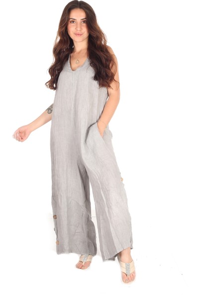 İtalyan Kadın Italyan Işlnmemiş Keten Tulum