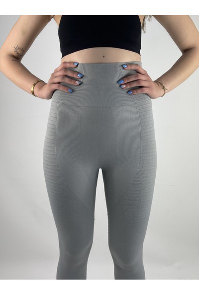 Mistirik Tokyo Esneyen ve Sıkılaştıran Yüksek Bel Spor Tayt Gri Renk