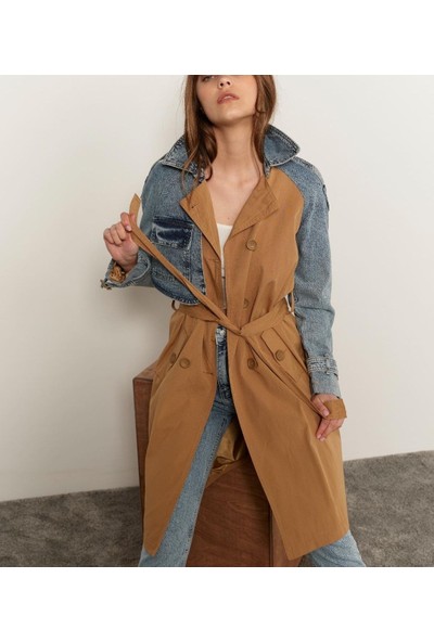 Cesi Collection Kollar ve Yaka Kot Detaylı Trençkot Camel