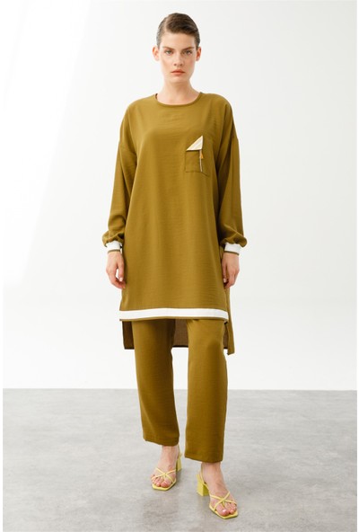 Micca Beyaz Detaylarla Süslenmiş Farklı Cepli Tunik Kap-Haki