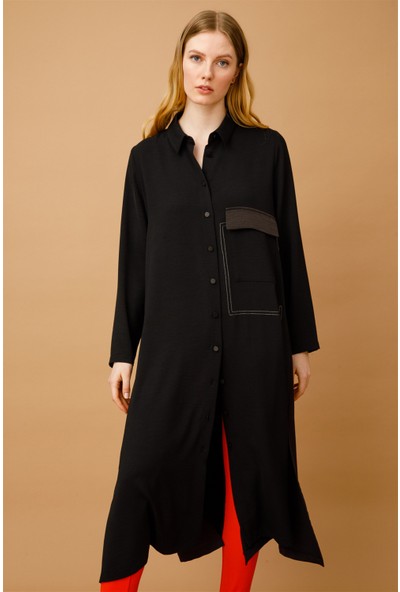 Micca Arkası ve Cep Kapağı Saten Garni Detaylı Nefes Alan Zor Kırışan Spor Kap Tunik-Siyah