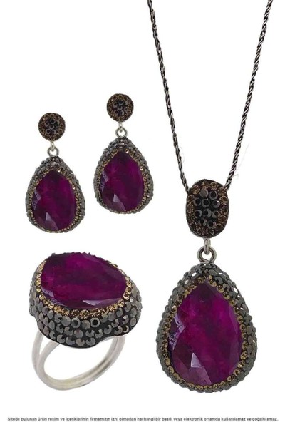 Akasya Serisi Kırmızı Yakut Doğal Taşlı Kadın Üçlü Set Ayarlanabilir Ölçü Midyat Gümüşü