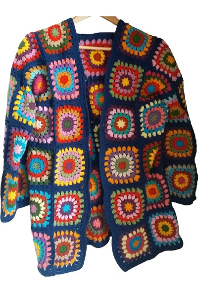 Elma El Örgüsü Etnik Otantik Lacivert Motifli Hırka