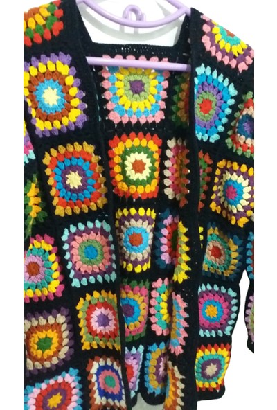 Elma El Örgüsü Etnik Otantik Siyah Motifli Hırka