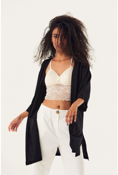 FullaModa Yandan Yırtmaçlı Şal Yaka Kimono FullaModa Yandan Yırtmaçlı Şal Yaka Kimono