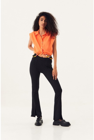 Yüksek Bel Önden Yırtmaçlı Fitilli Tayt