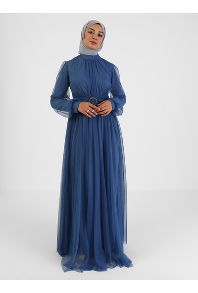 Tavin Beli Taş Detaylı Tüllü Tesettür Abiye Elbise - Indigo - Tavin