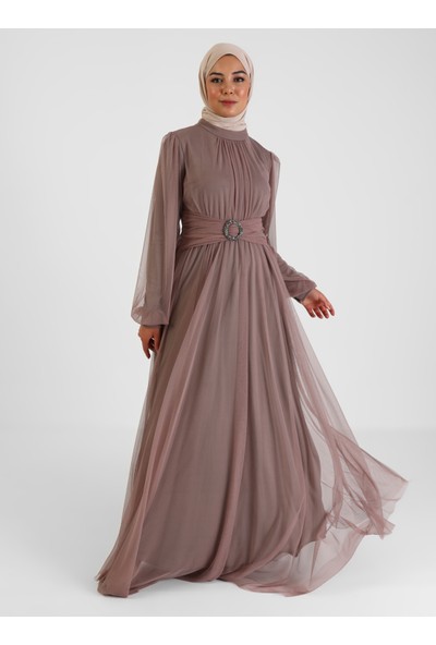 Tavin Beli Taş Detaylı Tüllü Tesettür Abiye Elbise - Toprak - Tavin