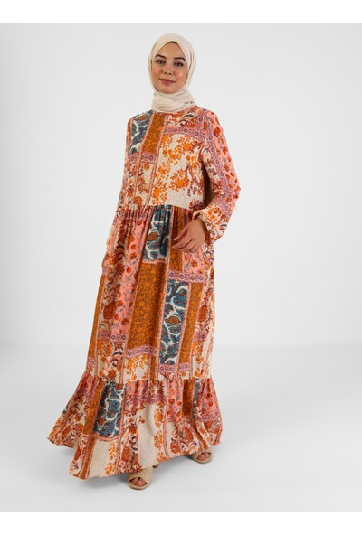 Rahat Kesim Katlı Desenli Tesettür Elbise - Turuncu - Tavin