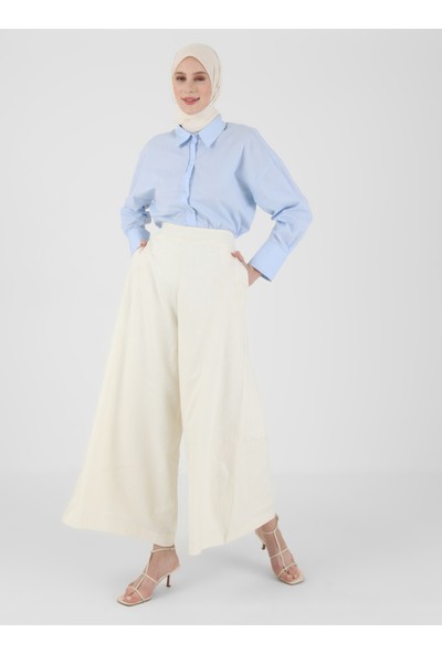 Refka Bol Paça Beli Lastikli Keten Pantolon - Off White - Refka Casual Refka Bol Paça Beli Lastikli Keten Pantolon - Off White - Refka Casual