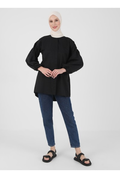 Balon Kollu Boydan Düğmeli Poplin Tunik - Siyah - Refka Basic Balon Kollu Boydan Düğmeli Poplin Tunik - Siyah - Refka Basic